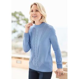 Rundhalspullover GOLDNER "Stehkragenpullover im Zopfstrick", Damen, Gr. 38, blau (hellblau), Obermaterial: 50% Baumwolle CO. 50% Polyacryl PAN., gerade, Pullover Rundhalspullover, hoher Baumwollanteil