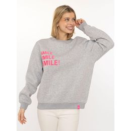 Hoodie Zwillingsherz "Smile Smile Smile", Damen, Gr. L/XL, hellgrau, Sweatware, Obermaterial: 50% Baumwolle, 50% Polyester, Sweatshirts Hoodie, Rundhals, Stickerei in Neon, fr&ouml;hliche Botschaft
