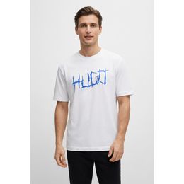 T-Shirt HUGO BLUE, Herren, Gr. L, open wei&szlig;110, Single Jersey, Obermaterial: 100% Baumwolle, unifarben, regular fit normal, Rundhals, abgesteppte Kante, Shirts T-Shirt, Rundhalsausschnitt, Regular Fit, Logodruck