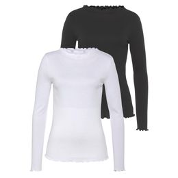 Langarmshirt Flashlights, Damen, Gr. 48, schwarz-wei&szlig; (schwarz, wei&szlig;), Feinripp, Obermaterial: 100% Baumwolle, clean, unifarben, Basic, sehr figurbetont, gekr&auml;uselter Ausschnitt, Shirts Langarmshirt, sehr figurbetonte Passform, gekr&auml;uselter Ausschnitt