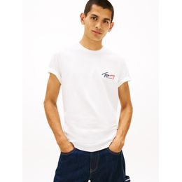 T-Shirt Tommy Jeans "TJM SLIM FIT SIGN CHEST", Herren, Gr. XL, ecru, Single Jersey, Obermaterial: 100% Baumwolle, unifarben, slim fit normal, Rundhals, eingesetzt abgesteppte Kante, Shirts T-Shirt, mit Markenprint