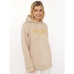 Hoodie Zwillingsherz "Smile Sparkle", Damen, Gr. S/M, hellbeige, Sweatware, Obermaterial: 50% Baumwolle, 50% Polyester, Sweatshirts Hoodie, gl&auml;nzender Print, Fronttasche, Kapuze, Daumenloch