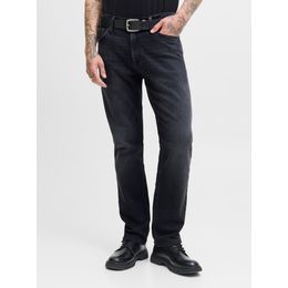Jack & Jones Regular-fit-Jeans JACK & JONES "JJICLARK im Used-Look, Stretchkomfort und niedrige Leibh&ouml;he", Herren, Gr. 32, L&auml;nge 32, schwarz (schwarz denim), Denim/Jeans, Obermaterial: 99% Baumwolle, 1% Elasthan, Abriebeffekte, regular fit lang, Jeans Regular-fit-Jeans, Baumwollmischung, regular fit