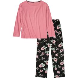 Pyjama bonprix, Damen, Gr. 52/54 (XXL), lila (beerensorbet, schwarz gebl&uuml;mt), Obermaterial: 100% Baumwolle, bedruckt, Basic lang, Rundhals, Homewear-Sets Pyjama, bequeme Passform, aus Baumwolle