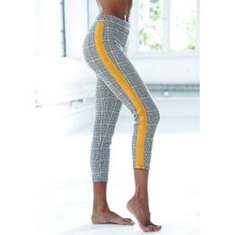7/8-Leggings BENCH. LOUNGEWEAR, Damen, Gr. 44/46, N-Gr, gelb (kariert, curry), Obermaterial: 67% Polyester, 31% Viskose, 2% Elasthan, Glencheckmuster, kariert, figurbetont 7/8-L&auml;nge, Hosen 7/8-Leggings, mit Kontrastfarben seitlichem Tape