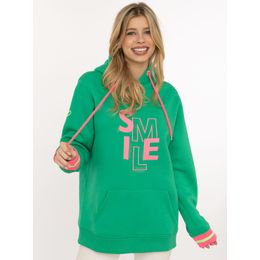 Hoodie Zwillingsherz "SMILE", Damen, Gr. S/M, gr&uuml;n, Sweatware, Obermaterial: 50% Baumwolle, 50% Polyester, kontrastfarbene Details, unifarben, bequem Po-bedeckend, ohne Ausschnitt, angesetztes B&uuml;ndchen kontrastfarben, Sweatshirts Hoodie, gro&szlig;e Stickerei, gestreifte B&uuml;ndchen, Fronttasche, Kapuze