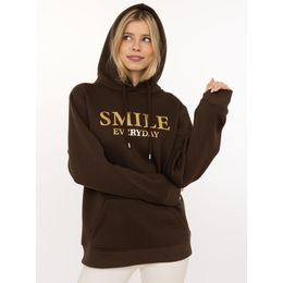 Hoodie Zwillingsherz "Smile Sparkle", Damen, Gr. S/M, braun, Sweatware, Obermaterial: 50% Baumwolle, 50% Polyester, Sweatshirts Hoodie, gl&auml;nzender Print, Fronttasche, Kapuze, Daumenloch