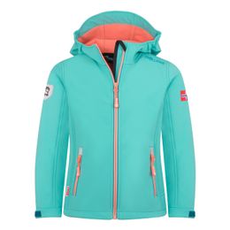 Softshelljacke Trollkids "GIRLS TROLLFJORD JACKET", M&auml;dchen, Gr. 104, aqua haze, harbor blau, mellow peach, Softshell, Obermaterial: 94% Polyester, 6% Elasthan, normal, Jacken Softshelljacke, f&uuml;r Kinder und Jugendliche, sportlicher Stil, winddicht