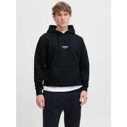Jack & Jones Kapuzensweatshirt JACK & JONES "JJESOHO SWEAT HOOD NOOS", Herren, Gr. L, schwarz, angeraute Sweatware, Obermaterial: 80% Baumwolle, 20% Polyester, bedruckt, relaxed fit normal, Rundhals, Rippb&uuml;ndchen, Sweatshirts Kapuzensweatshirt, Baumwollmischung, relaxed fit