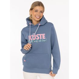 Hoodie Zwillingsherz "K&uuml;ste", Damen, Gr. S/M, jeans, Sweatware, Obermaterial: 50% Baumwolle, 50% Polyester, comfort fit h&uuml;ftlang, ohne Ausschnitt, angesetztes B&uuml;ndchen, Sweatshirts Hoodie, statement Stickerei, gestreifte Kordel, Kapuze