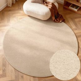 Wollteppich ELLE DECORATION "Knots", hellbeige, H:13mm &Oslash;:200cm, Wolle, Teppiche, Wollteppich, Handtuft, Wolle, Rund, Feines Boucl&eacute;, Wohnzimmer, Schlafzimmer, Natur