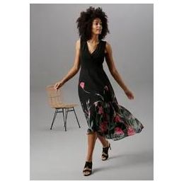 Sommerkleid Aniston SELECTED, Damen, Gr. 38, N-Gr, schwarz (schwarz, rot, gr&uuml;n), Chiffon, Obermaterial: 95% Polyester, 5% Elasthan. Futter: 100% Polyester. Rock: 100% Polyester, bedruckt, figurumspielend wadenlang, V-Ausschnitt, Kleider Sommerkleid, mit floralem Druck, Topseller