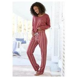Pyjama Vivance DREAMS, Damen, Gr. 44/46, rot (rot, gestreift), Single Jersey, Obermaterial: 100% Baumwolle, gestreift, unifarben, Basic, bequem lang, Rundhals, Homewear-Sets Pyjama, mit Frontdruck