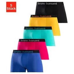 Boxer Bruno Banani "Boxershorts f&uuml;r Herren", Herren, Gr. L, 5 Stk., bunt (blau, pink, mint, gelb, schwarz), Jersey, Obermaterial: 95% Baumwolle, 5% Elasthan, unifarben, Unterhosen, mit Streifen Logo Webbund