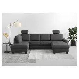 Wohnlandschaft Home Affaire "Summer U-Form", grau, B:314cm H:91cm T:170cm, 100% Polyester, Sofas, Wohnlandschaft, mit oder ohne Bettfunktion und Bettkasten, wengefarbene Holzf&uuml;&szlig;e