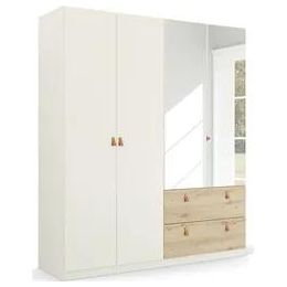 Dreht&uuml;renschrank Rauch "Kleiderschrank Schrank Garderobe Ankleide HOMEY BY QUADRA SPIN", wei&szlig; (alpinwei&szlig;, eiche artisan), B:181cm H:210cm T:54cm, Holzwerkstoff, Schr&auml;nke, Dreht&uuml;renschrank, mit cognacbraunen Ledergrifflaschen, Schubladen in Eichen-Dekor