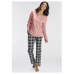 H.I.S. Pyjama H.I.S, Damen, Gr. 32, rosa (dunkelrosa, schwarz, grau, kariert), Single Jersey, Obermaterial: 100% Baumwolle, Basic lang, Rundhals, Homewear-Sets Pyjama, mit karierter Schlafhose