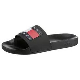 Tommy Hilfiger Badepantolette TOMMY JEANS "TOMMY JEANS POOL SLIDE ESS", Damen, Gr. 44, schwarz, Synthetik, Schuhe Badelatschen Pantolette, Sommerschuh, Poolslides, Schlappen, mit plakativer Logoflag