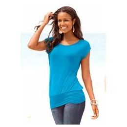 Longshirt Lascana "mit breitem Bund", Damen, Gr. 32/34, blau (t&uuml;rkis), Obermaterial: 95% Viskose (LENZINGTM ECOVEROTM), 5% Elasthan, unifarben, figurumspielend lang, Rundhals, angeschnitten normaler Saum, Shirts Longshirt, aus weichem Viskose-Stretch