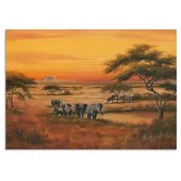 Wandbild Artland "Afrika Elefanten", orange (farbe bild(er): orange), B:100cm H:70cm, Bilder, als Alubild, Leinwandbild, Poster in verschied. Gr&ouml;&szlig;en