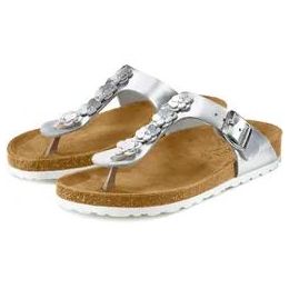 Zehentrenner Lascana "Sandale, Pantolette, offener Schuh, Sommerschuh", Damen, Gr. 38, silber (silberfarben), Obermaterial: 100% Lederimitat. Decksohle: 100% Rindsleder. Futter: 100% Textilmaterial. Laufsohle: 100% Synthetik, gl&auml;nzend, metallic, Schuhe Zehentrenner, mit komfortablem Korkfu&szlig;bett