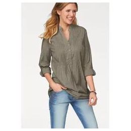 Longbluse Aniston CASUAL, Damen, Gr. 50, gr&uuml;n (helloliv), Web, Obermaterial: 100% Baumwolle, unifarben, figurumspielend ca. Mitte Oberschenkel, Rundhals, 1-Knopf-Manschette krempelbar, Blusen Longbluse, mit dekorativer Biesenverarbeitung, Topseller