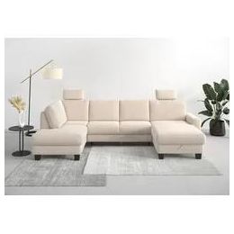 Wohnlandschaft Home Affaire "Summer U-Form", beige (creme), B:314cm H:91cm T:170cm, 100% Polyester, Sofas, Wohnlandschaft, mit oder ohne Bettfunktion und Bettkasten, wengefarbene Holzf&uuml;&szlig;e