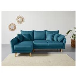 Ecksofa Home Affaire "Granbo L-Form, B: 240 cm", blau (petrol), B:240cm H:95cm T:170cm, 100% Polyester, Sofas, Ecksofa, Bettfunktion, Bettkasten, Taschen & 5 Zierkissen, Federkern