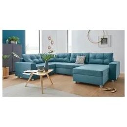 Wohnlandschaft Collection AB "Paris U-Form, B: 310 cm", blau (azur), B:310cm T:212cm, Samtoptik (100% Polyester), Sofas, Wohnlandschaft, 1 Zierkissen & Federkern, optional Bettfunktion & Bettkasten