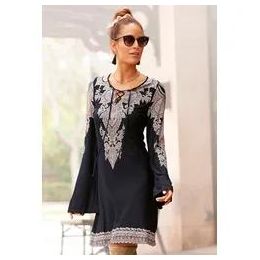 Jerseykleid Lascana, Damen, Gr. 36, N-Gr, schwarz (schwarz, bedruckt), Jersey, Obermaterial: 100% Viskose, figurumspielend ca. Mitte Oberschenkel, V-Ausschnitt, weit, Kleider Jerseykleid, mit Bord&uuml;rendruck und Schn&uuml;rung am Ausschnitt, Sommerkleid