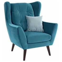 Ohrensessel Home Affaire "Hemmink, Sessel, Loungesessel", blau (petrol, hellblau), B:90cm H:107cm T:94cm, Struktur (94% Polyester, 6% Polyacryl);Samtvelours (100% Polyester);Luxus-Microfaser (100% Polyester), Sessel, Ohrensessel, mit Knopfheftung