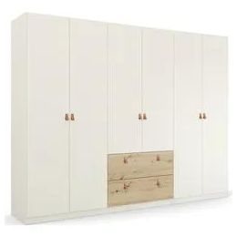 Dreht&uuml;renschrank Rauch "Kleiderschrank Schrank Garderobe Ankleide HOMEY BY QUADRA SPIN", wei&szlig; (alpinwei&szlig;, eiche artisan), B:271cm H:210cm T:54cm, Holzwerkstoff, Schr&auml;nke, Dreht&uuml;renschrank, mit cognacbraunen Ledergrifflaschen, Schubladen in Eichen-Dekor