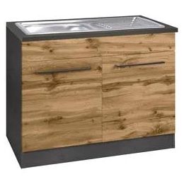 Sp&uuml;lenschrank KOCHSTATION "KS-Tulsa", braun (wotaneiche), B:100cm H:85cm T:60cm, Schr&auml;nke, Sp&uuml;lenschrank, 100 cm breit, 2 T&uuml;ren, Metallgriff, MDF Front, inkl. Einbausp&uuml;le