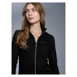 Sweatjacke TRIGEMA "TRIGEMA Jacke mit Kristallsteinen", Damen, Gr. 3XL, schwarz, Single Jersey, 95% Baumwolle, 5% Elastan, lang, ohne Ausschnitt, Sweatjacken Sweatjacke