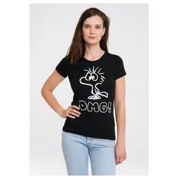 T-Shirt logoshirt "Woodstock", Damen, Gr. XS, schwarz-wei&szlig; (schwarz, wei&szlig;), 100% Baumwolle, bedruckt, normal, Rundhals, Shirts T-Shirt, mit lizenziertem Originaldesign