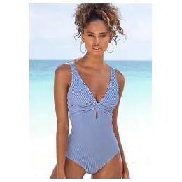 Badeanzug s.Oliver, Damen, Gr. 34, Cup A/B, blau (hellblau, wei&szlig;), Microfaser, Recycling-Polyester, gestreift, Badeanz&uuml;ge Badeanzug, mit V-Ausschnitt und Cut-Out