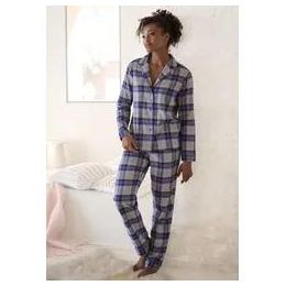 Pyjama Vivance DREAMS, Damen, Gr. 32, blau, Flanell, Obermaterial: 100% Baumwolle, kariert, mehrfarbig, klassisch lang, V-Ausschnitt, Homewear-Sets Pyjama, aus kuschelig weichem Flanell