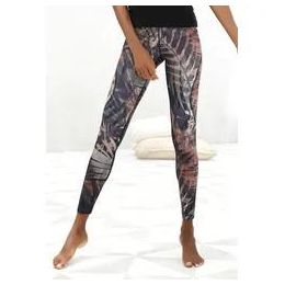 Leggings Lascana ACTIVE "Tropical", Damen, Gr. XL (48/50), N-Gr, braun (gemustert, braun, beige, grau), Obermaterial: 94% Baumwolle, 6% Elasthan, gemustert, figurbetont lang, Hosen Leggings, mit abstraktem Palmenprint, Loungewear