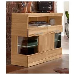 Kommode OTTO HOME "Ribe 85cm breit,35 cm tief, Fronten Massivholz,2 T&uuml;ren mit Glaseinsatz", braun (eiche teilmassiv), B:85cm H:80cm T:35cm, Holz teilmassiv, Sideboards, Kommode, Holz massiv, Holzwerkstoff,3 breite F&auml;cher