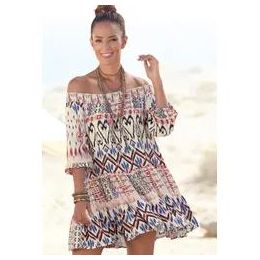 Tunikakleid Buffalo "mit Carmenausschnitt, luftiges Strandkleid mit Ethnomuster", Damen, Gr. 44/46, N-Gr, beige (creme, bedruckt), Web, Obermaterial: 100% Viskose, bedruckt, ethno, figurumspielend ca. Mitte Oberschenkel, Carmenausschnitt, Kleider, Beachkleid, Sommerkleid, Viskosekleid, H&auml;ngerchenkleid, Festival