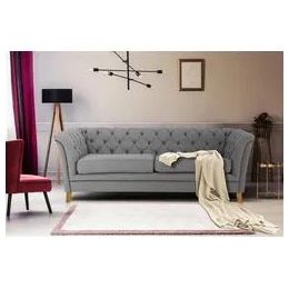 3-Sitzer Home Affaire "Newport", grau (hellgrau), B:210cm H:76cm T:81cm, Samtoptik (100% Polyester);Struktur fein (100% Polyester);Luxus-Microfaser Vintageoptik (100% Polyester), Sofas, mit Knopfheftung im R&uuml;cken, Keder und feinen Armlehnen