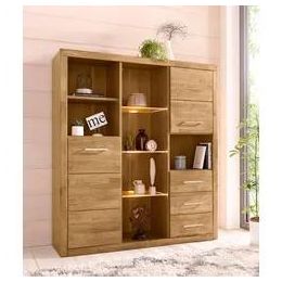 Highboard OTTO HOME "Ribe,130cm breit145cm hoch,Fronten Massivholz,12 F&auml;cher", braun (eiche teilmassiv), B:130cm H:145cm T:35cm, Holz teilmassiv, Sideboards, Highboard, Korpus aus Holzwerkstoff, Metall Griffe,B&ouml;den versetzbar