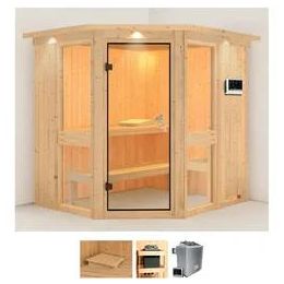 Sauna Karibu "Aline 1", beige (naturbelassen), Bio-Kombiofen, externe Steuerung, 9 kW, Saunen, Ofen 9 kW Bio externe Strg easy