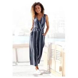 Culotte-Overall Lascana, Damen, Gr. 42, N-Gr, blau (marine, wei&szlig;, gestreift), Jersey, Obermaterial: 71% Viskose, 27% Polyester, 2% Elasthan, Crinkleoptik, gestreift, figurumspielend 7/8-L&auml;nge, V-Ausschnitt, Overalls, aus strukturierter Ware, sommerlicher Jumpsuit mit Streifen