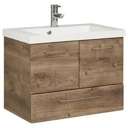 Waschtisch SAPHIR "Quickset Mineralmarmor-Waschtisch mit Unterschrank, 74 cm breit", braun (eiche ribbeck, eiche ribbeck, eiche ribbeck), B:74cm H:56cm T:45cm, Holzwerkstoff, Mineralguss, Waschtische, Waschtisch, Wachplatz, Griffe Chrom Glanz, inkl. T&uuml;rd&auml;mpfer, 2 T&uuml;ren, 1 Schublade