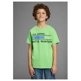 T-Shirt Kidsworld "ICH DENKE...BITTE WARTEN", Jungen, Gr. 140/146, gr&uuml;n (neongr&uuml;n), Jersey, Obermaterial: 100% Baumwolle, bedruckt, Basic, Basic, Rundhals, Shirts T-Shirt, Kurzarm, Basic Passform, mit trendigem Aufdruck