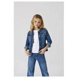 Jeansjacke KIDS Only "KONSARA", M&auml;dchen, Gr. 134, blau (blau denim), Denim/Jeans, Obermaterial: 36% Baumwolle, 35% Polyester, 28% Viskose, 1% Elasthan, unifarben, Basic schmal taillenbedeckt, 1-Knopf-Manschette mit Schlitz, Jacken Jeansjacke, in klassischer, leicht verk&uuml;rzter Form und cooler dunkler Waschung