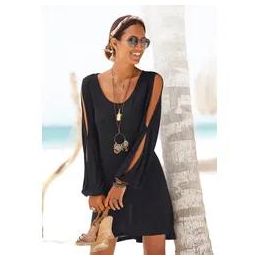 Longshirt Lascana, Damen, Gr. 44/46, schwarz, Jersey, Obermaterial: 100% Viskose, unifarben, figurumspielend ca. Mitte Oberschenkel, Rundhals, mit innenliegendem Gummizug, Shirts Longshirt, mit Schlitzen an den &Auml;rmeln, Shirtkleid, Strandkleid