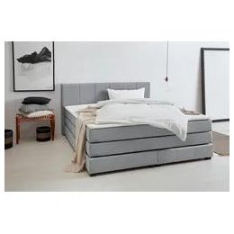 Boxspringbett OTTO products "Peetu", blau (graublau), B:190cm L:213cm, Struktur fein aus 100%-recyceltem Polyester, Komplettbetten, Boxspringbett, Taschenfederkern-Matratze, in 4 Breiten und 4 Farben, incl. Topper