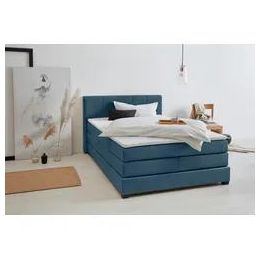 Boxspringbett OTTO products "Peetu", blau, B:150cm L:213cm, Struktur fein aus 100%-recyceltem Polyester, Komplettbetten, Boxspringbett, Taschenfederkern-Matratze, in 4 Breiten und 4 Farben, incl. Topper
